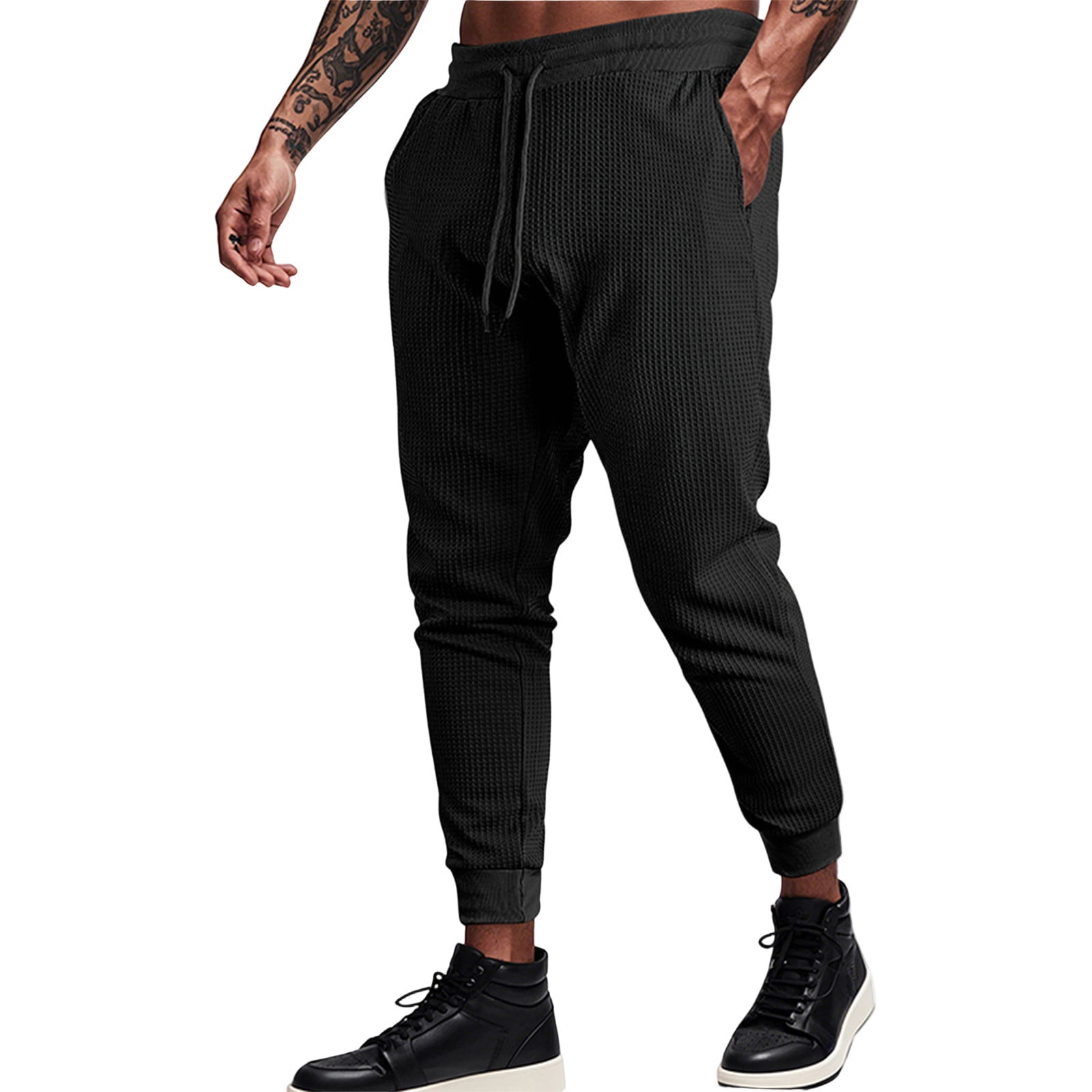 ADSSDQ Mens Textured Waffle Knit Sweatpants with Pockets Casual ...