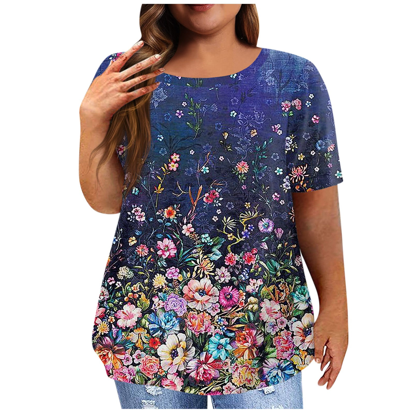 ADSSDQ Plus Size Summer Shirts Crewneck Tunic Tops Floral Print Womens ...