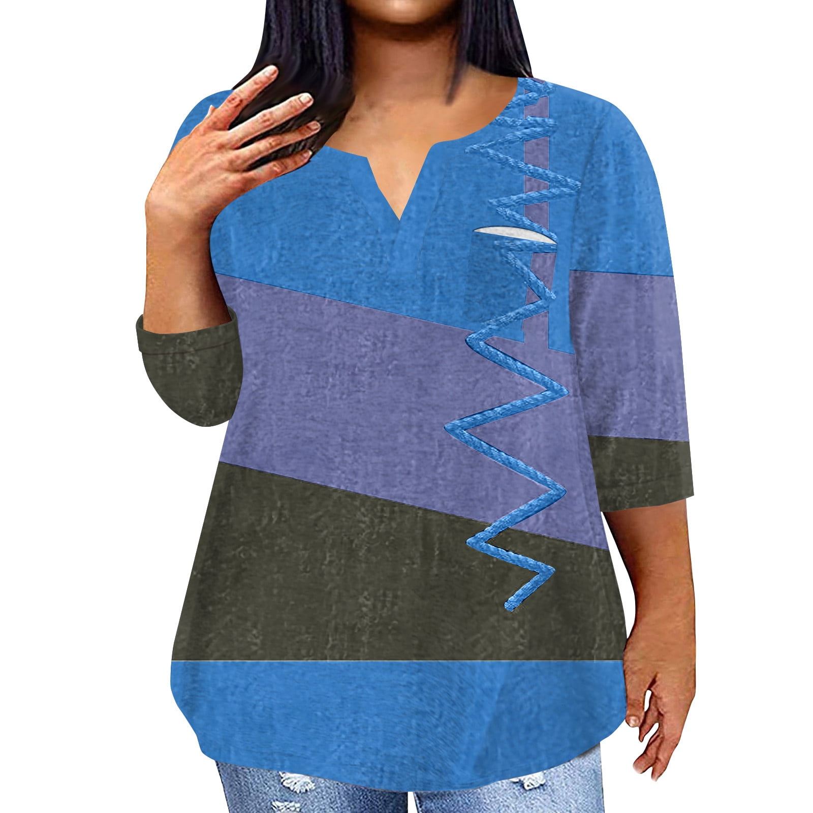 ADSSDQ Plus Size Top 3/4 Sleeve Shirts For Women Dressy Casual V Neck ...