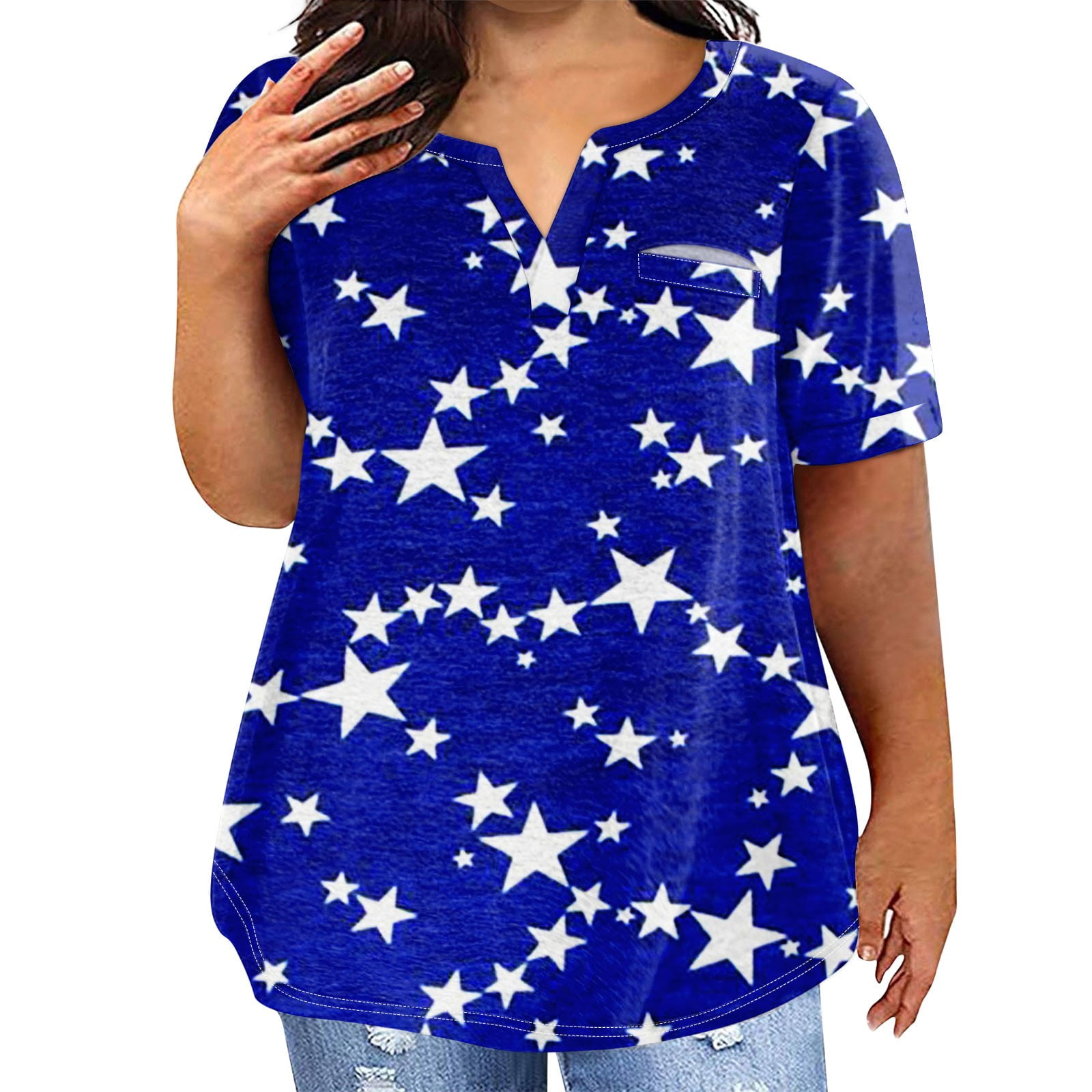 Adssdq Plus Size Tunics For Women Summer Workout Tops Stars Stripes Flag Print Yoga Shirts Short