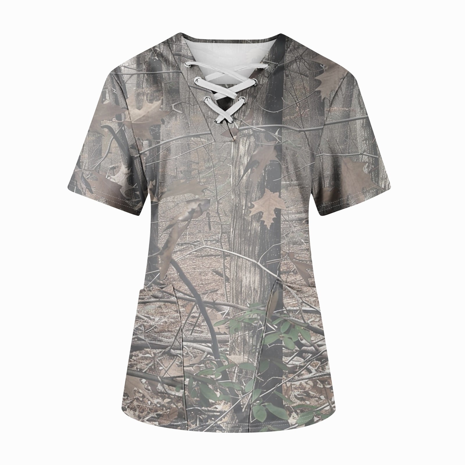ADSSDQ Print Scrub Tops Women Medical Workwear V Neck Vintage Camo ...