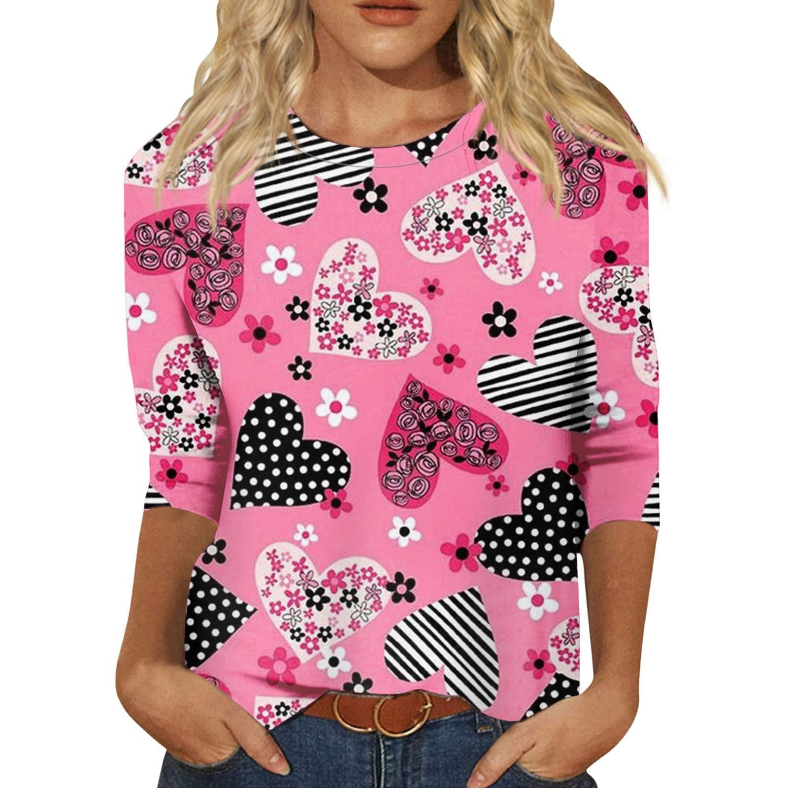 ADSSDQ Red Tops For Women Love Heart Womens T Shirts 3/4 Length Sleeves ...