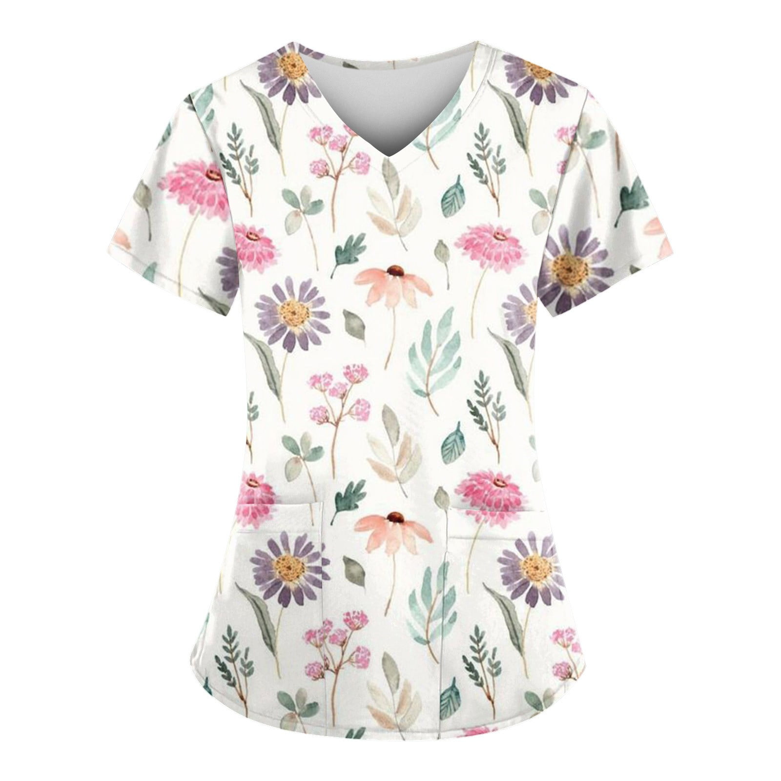 ADSSDQ Scrub Tops Women Floral Print Scrub Tops Plus Size Stretch ...