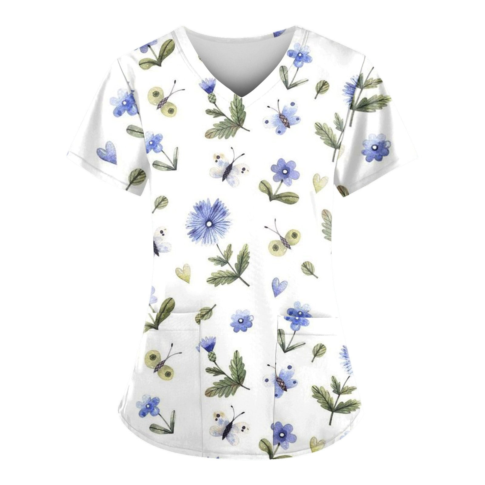 ADSSDQ Scrub Tops Women Stretch Scrubs Tops Floral Print Short Sleeve V ...