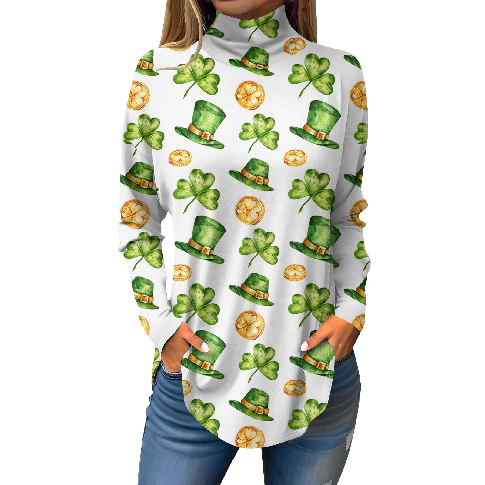 ADSSDQ St Patricks Day Shirt Women Mock Neck Long Sleeve Shamrock ...