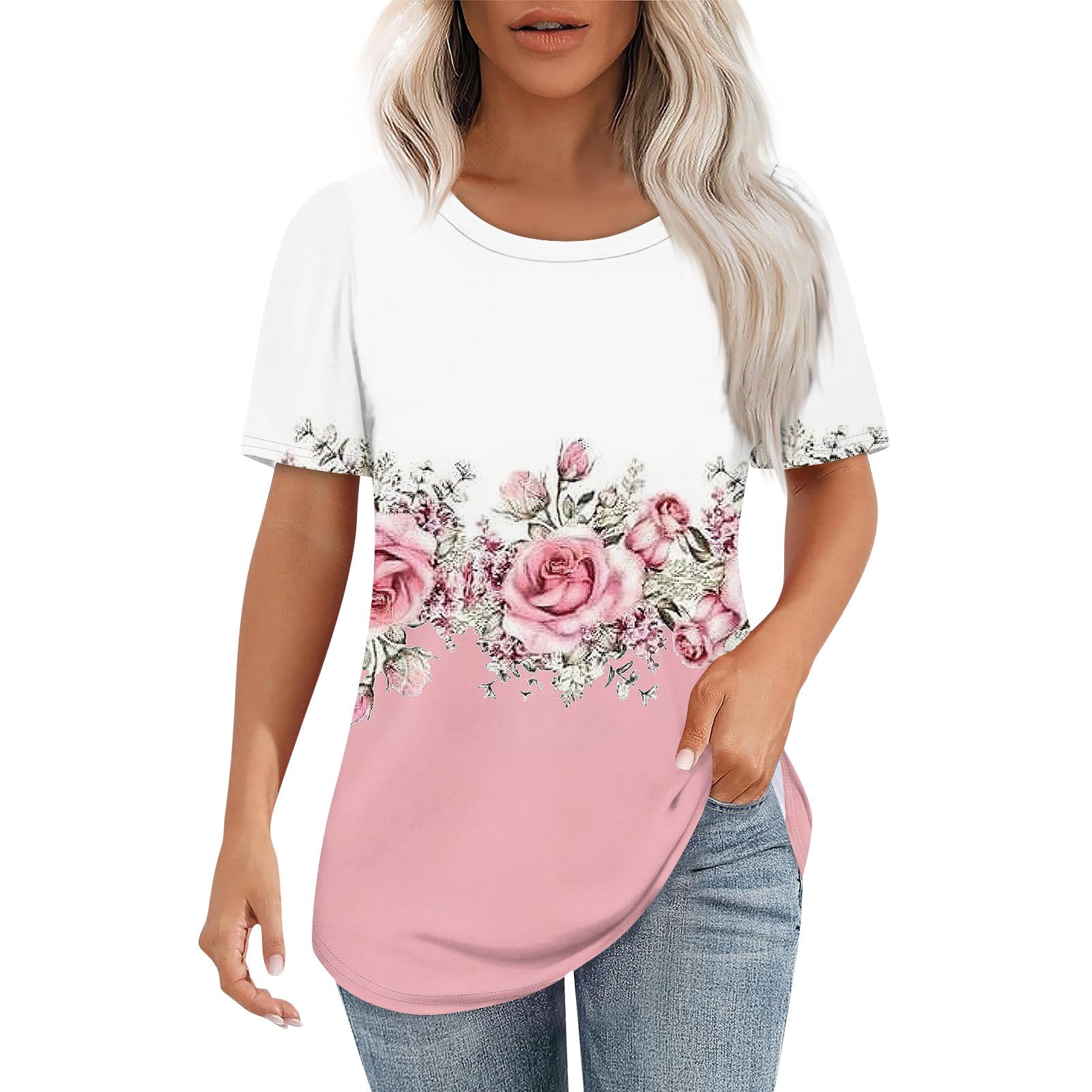 ADSSDQ Summer Tops for Women 2025 Round Neck Short Sleeve Casual Shirts ...