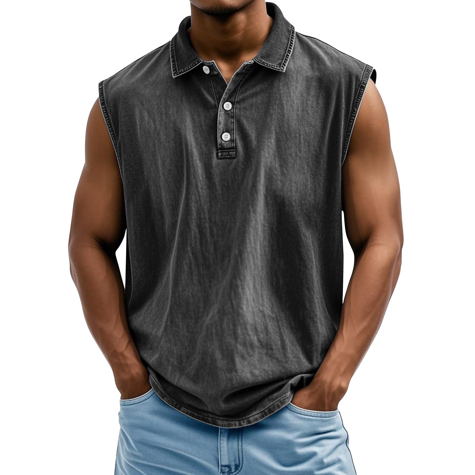 ADSSDQ Tank Tops Men Sleeveless Polo Shirts for Men Distressed Washed Button Down T-Shirt Summer ...