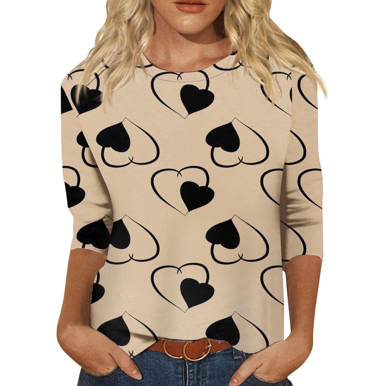 ADSSDQ Valentines Day Shirts Women 3/4 Length Sleeve Yoga Tops Woman Summer Love Heart Graphic ...
