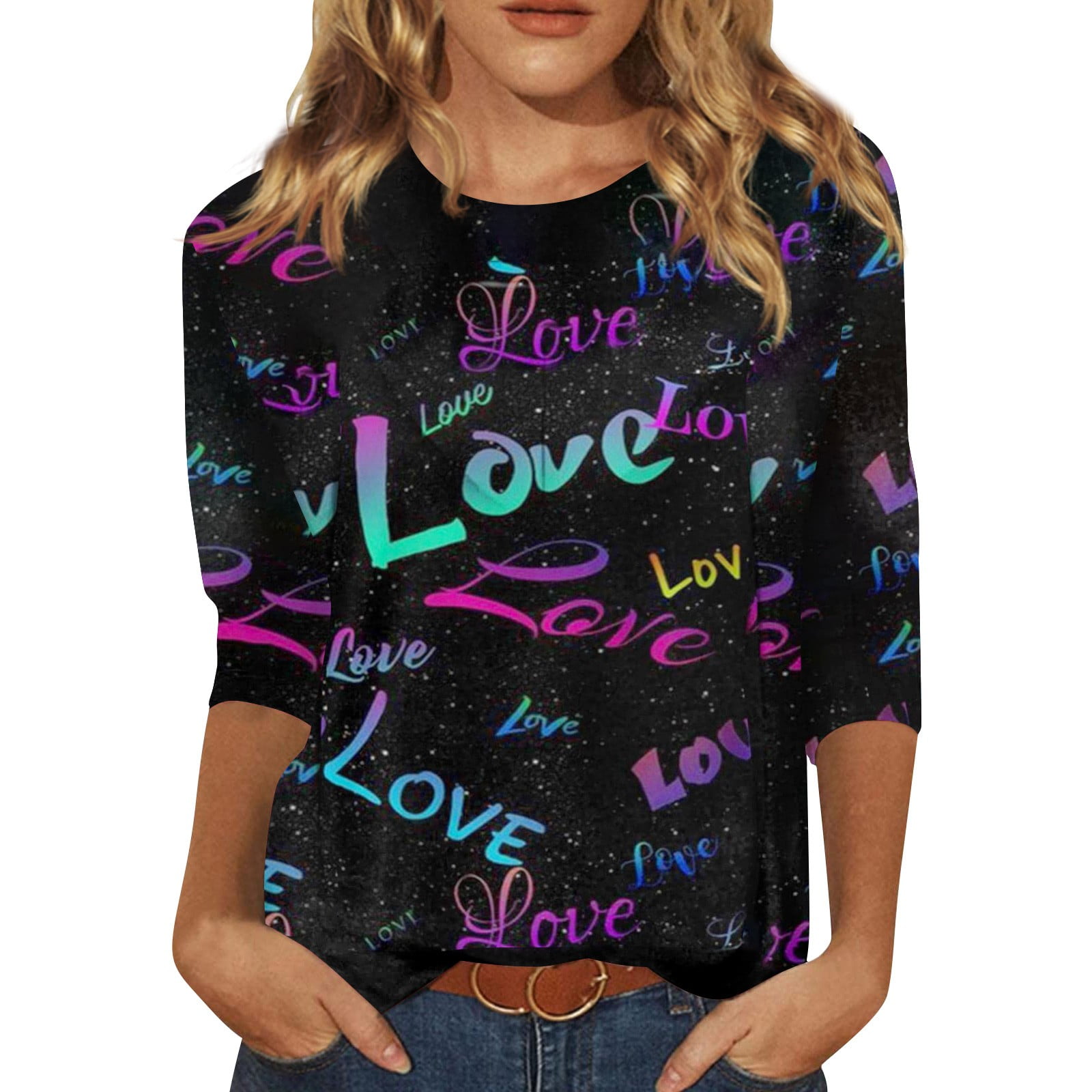 ADSSDQ Valentines Shirt Women 3/4 Length Sleeves Summer Tops For Teens ...