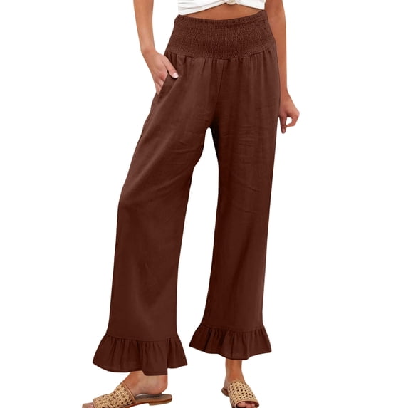 ADSSDQ Woman Fashion Ruffle Hem Pants Smocked Elastic High Waist Long ...