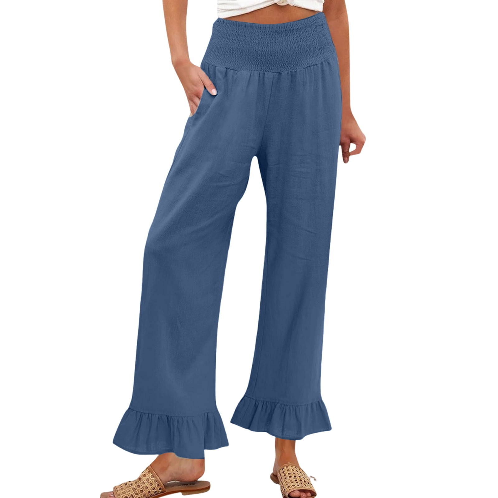 ADSSDQ Woman Fashion Ruffle Hem Pants Smocked Elastic High Waist Long ...