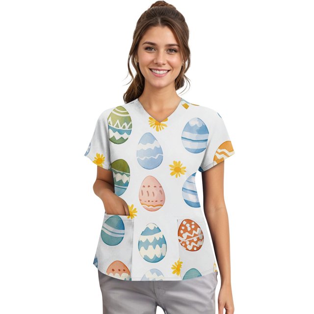 ADSSDQ Women Easter Scrubs Top Short Sleeve Holiday Workwear with ...