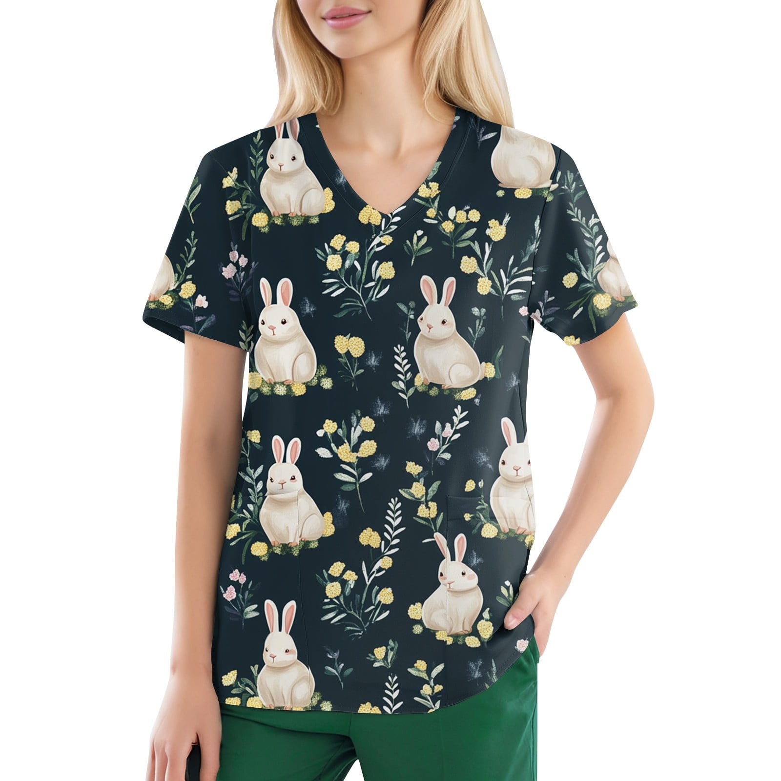 ADSSDQ Women Easter Scrubs Tops Cute Casual Nurse Scrub V Neck Short ...