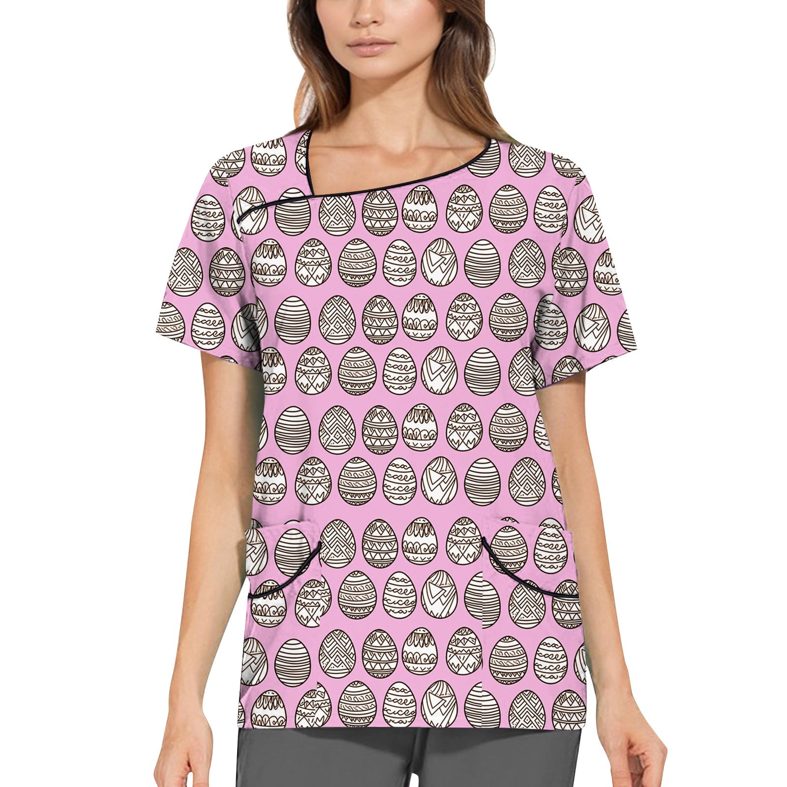 ADSSDQ Women Easter Scrubs Tops Short Sleeve V Neck Nurse Working ...