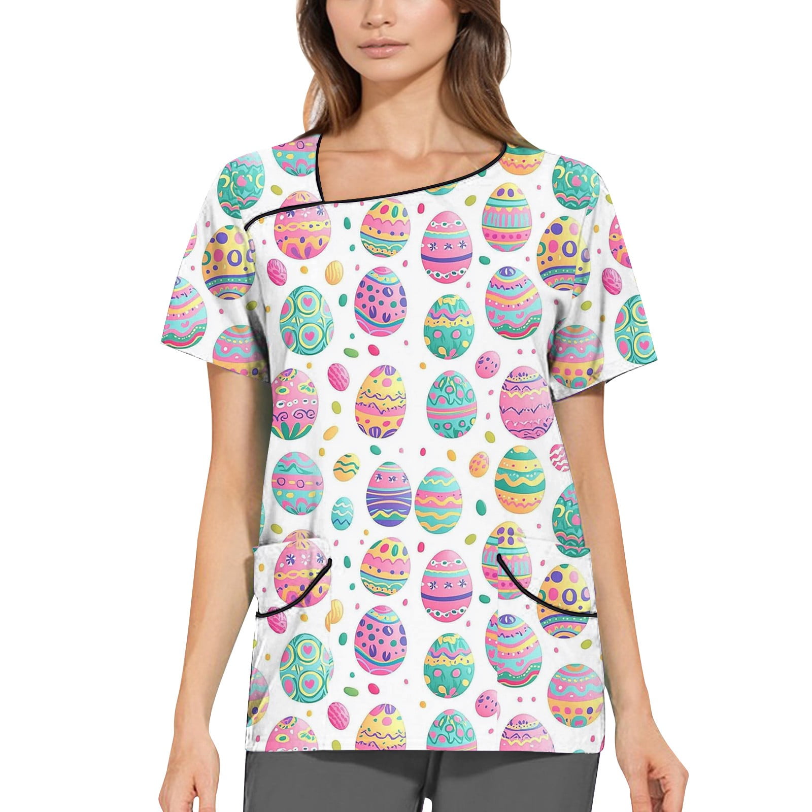 ADSSDQ Women Easter Scrubs Tops Short Sleeve V Neck Nurse Working ...