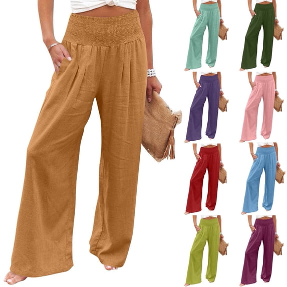 ADSSDQ Women Summer High Waisted Cotton Linen Palazzo Pant Wide Leg ...