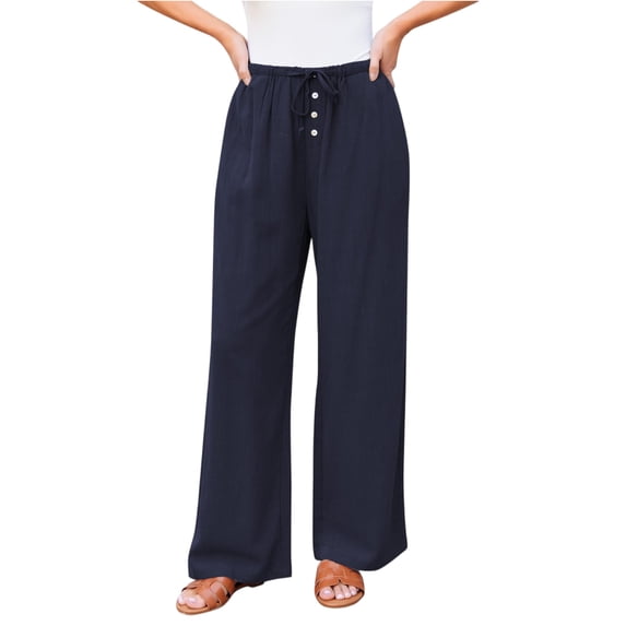 ADSSDQ Women Wide Leg Flowy Button Drawstring Palazzo Linen Pants Beach ...