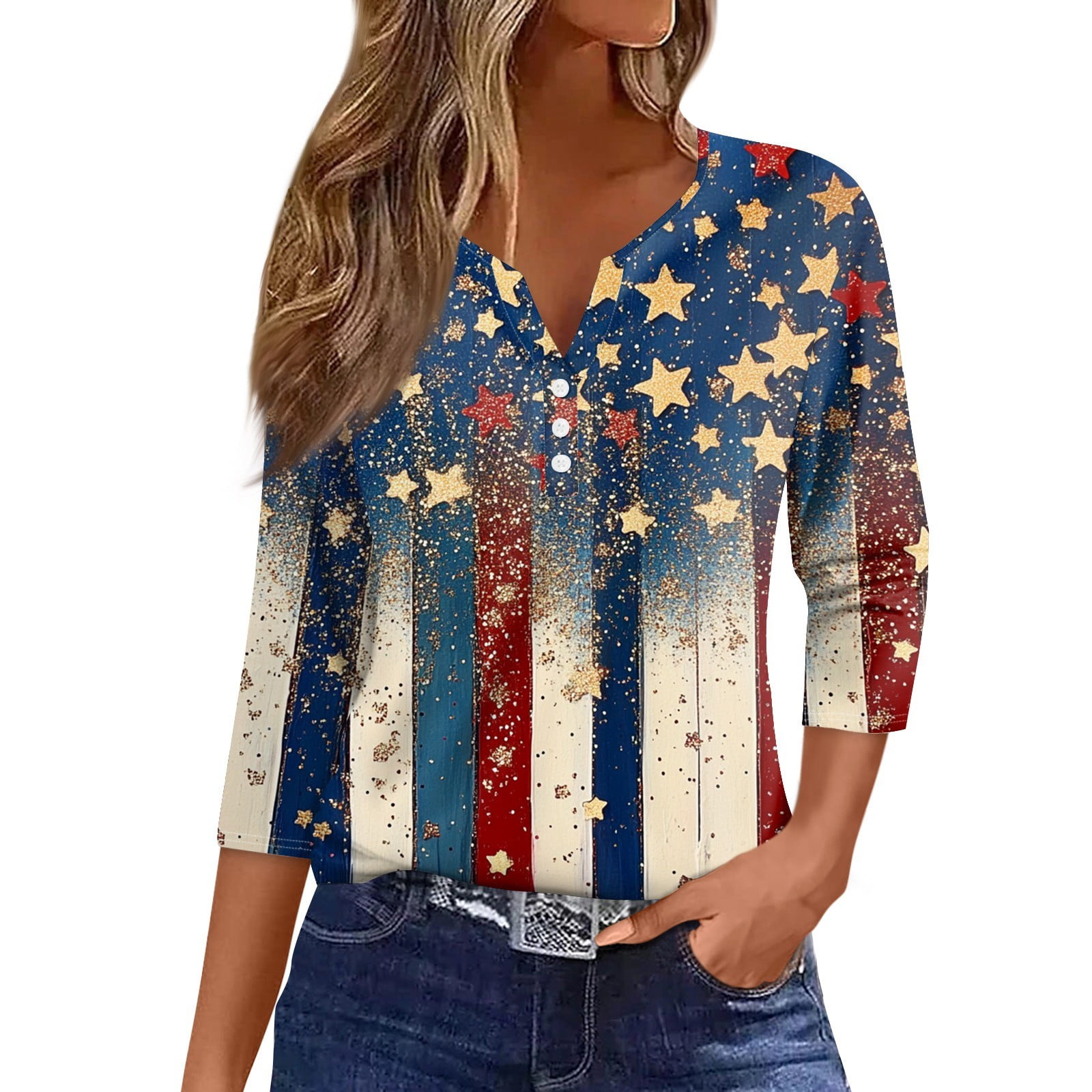 ADSSDQ Women's 3/4 Length Sleeve Tops 4th of July Henley V Neck Summer ...