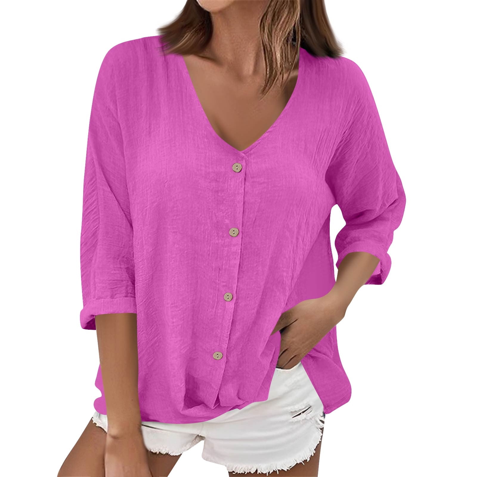 ADSSDQ Women's Cotton Linen Button Down T Shirts 3/4 Sleeve V Neck Tops ...