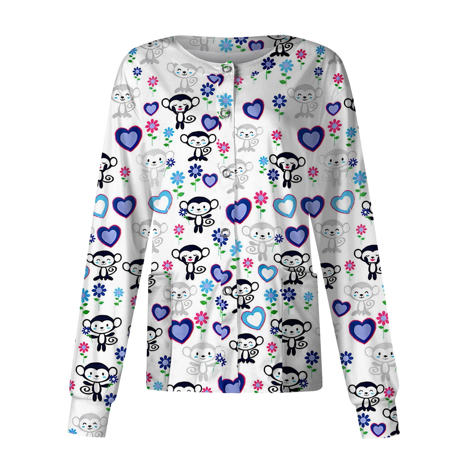 ADSSDQ Women's Long Sleeve Button Scrub Tops Cute Animal Heart Print ...