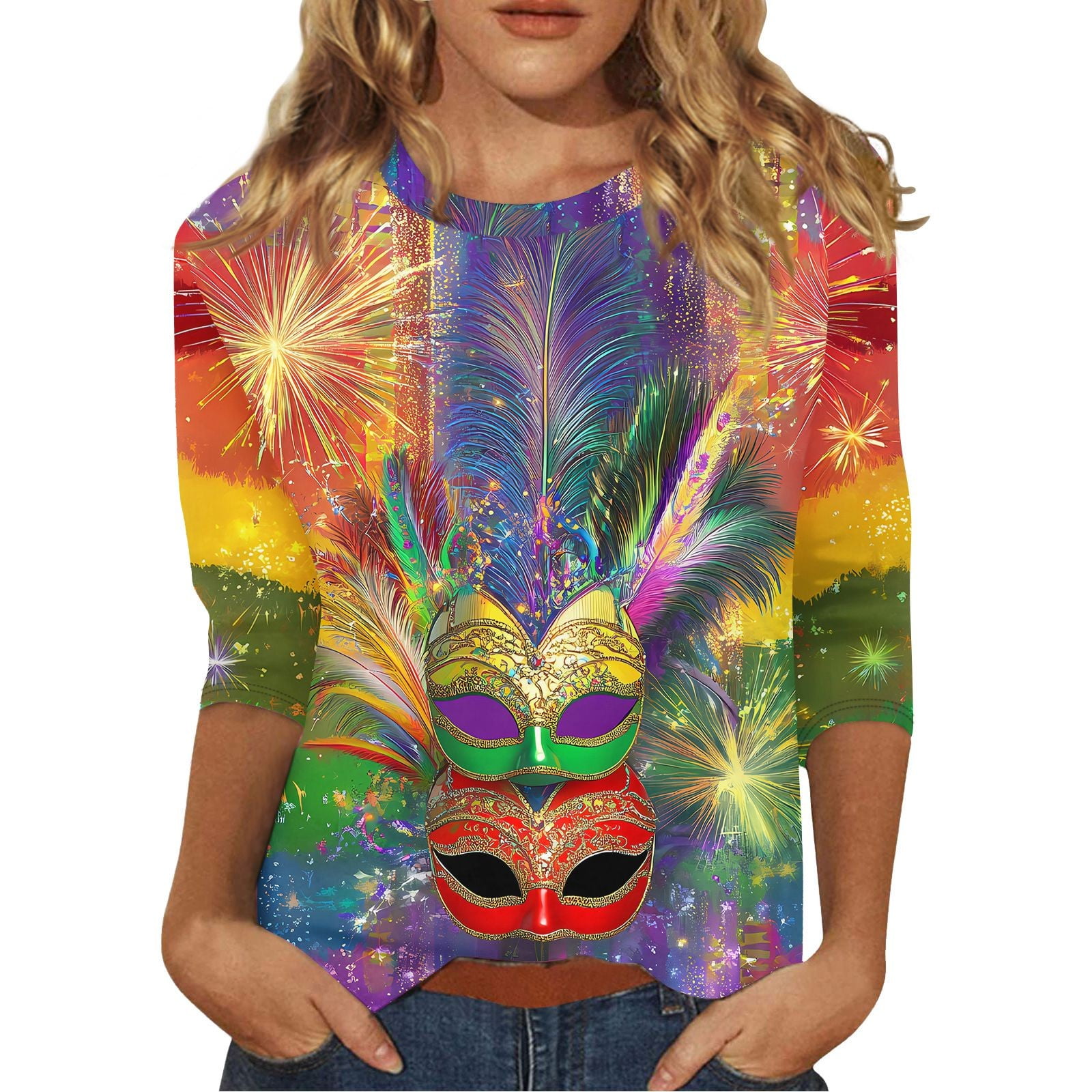 ADSSDQ Women's Mardi Gras Shirt 3/4 Length Sleeve Womens Tops Graphic ...