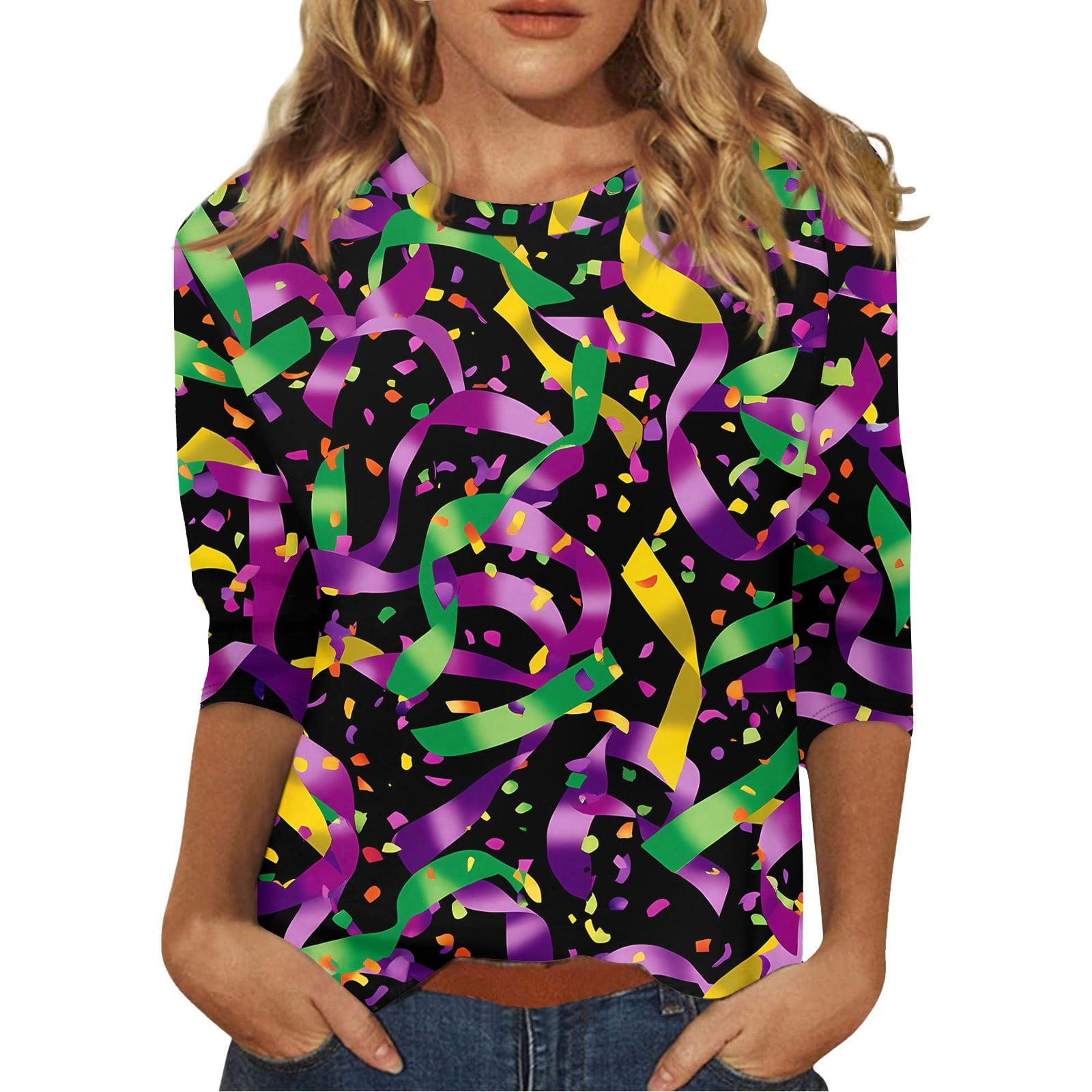 ADSSDQ Women's Mardi Gras Shirt Plus Size Loose Fit 3/4 Sleeve Tunic ...