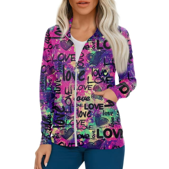 ADSSDQ Women's Ultra Soft Stretch Zip Up Scrub Jacket Floral Print Long ...