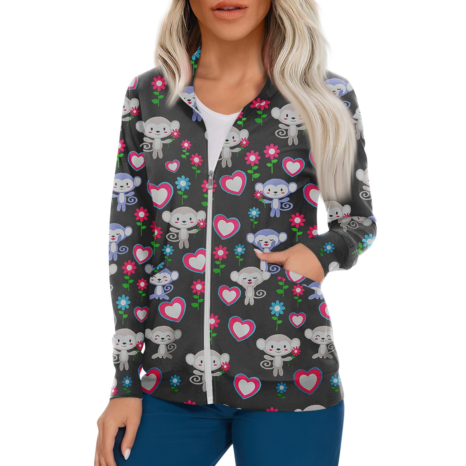 ADSSDQ Women's Ultra Soft Stretch Zip Up Scrub Jacket Floral Print Long Sleeve Scurbs Tops ...