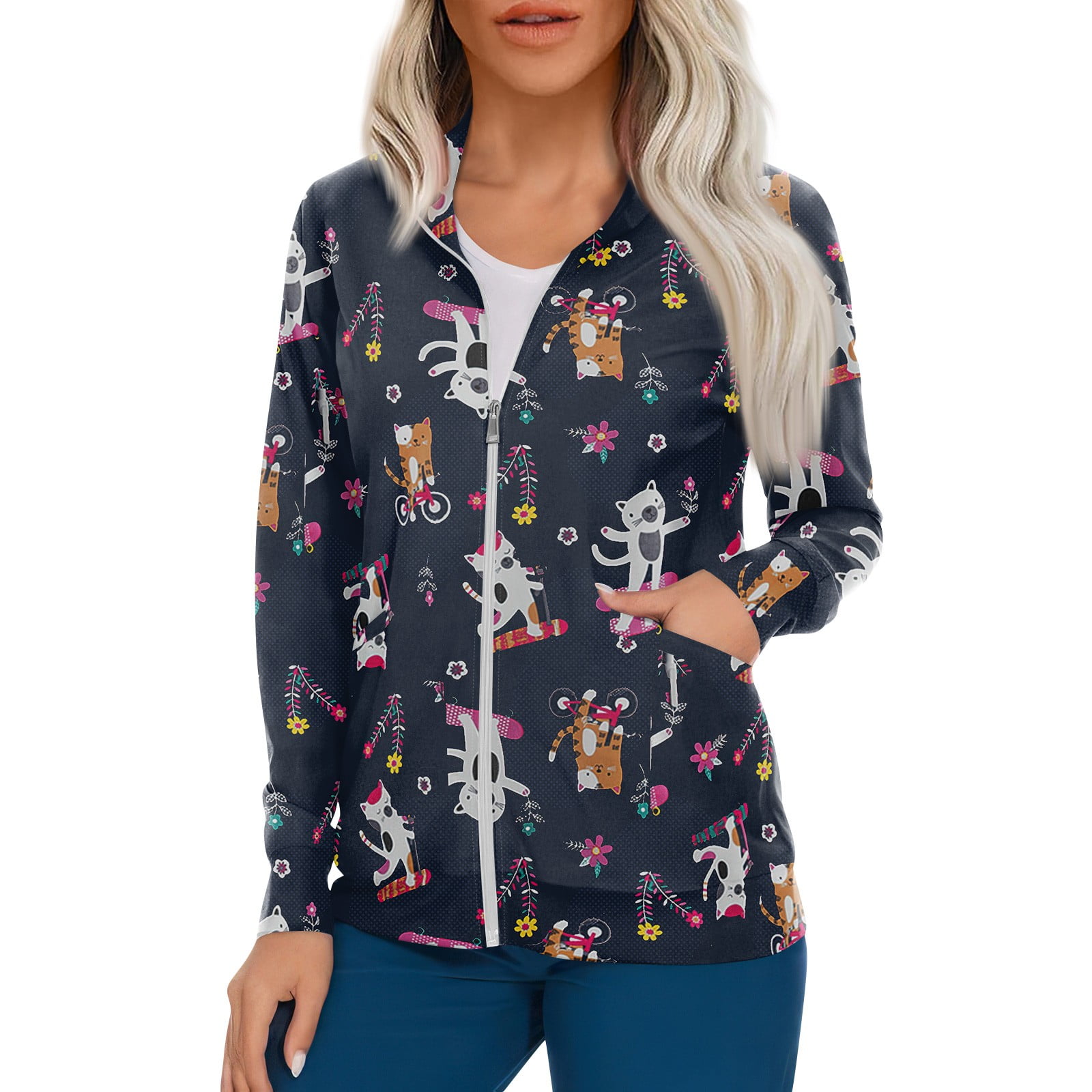 ADSSDQ Women's Warm Up Scrubs Jacket Zip Front Long Sleeve Scrub ...