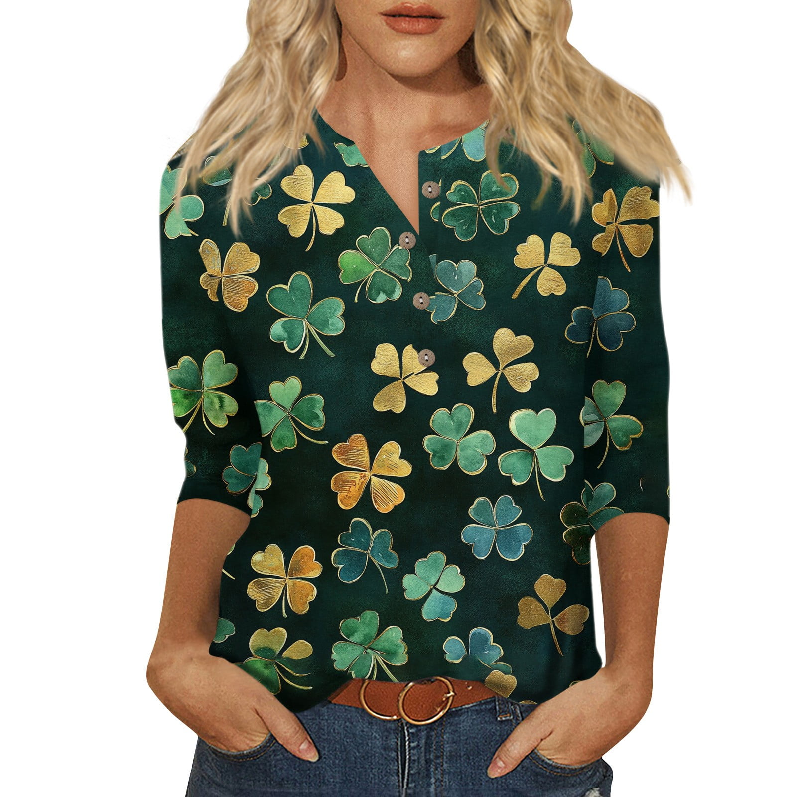 ADSSDQ Womens 3/4 Sleeve Tops Irish Lucky Clover St. Patricks Day ...