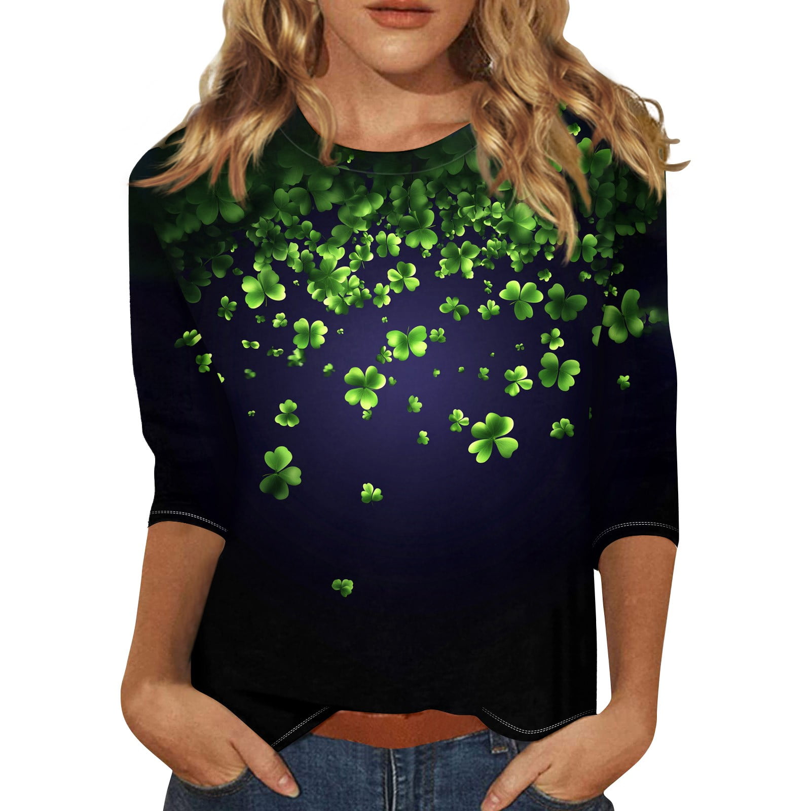 ADSSDQ Womens 3/4 Sleeve Tops Irish Shamrock Print St Patricks Day ...