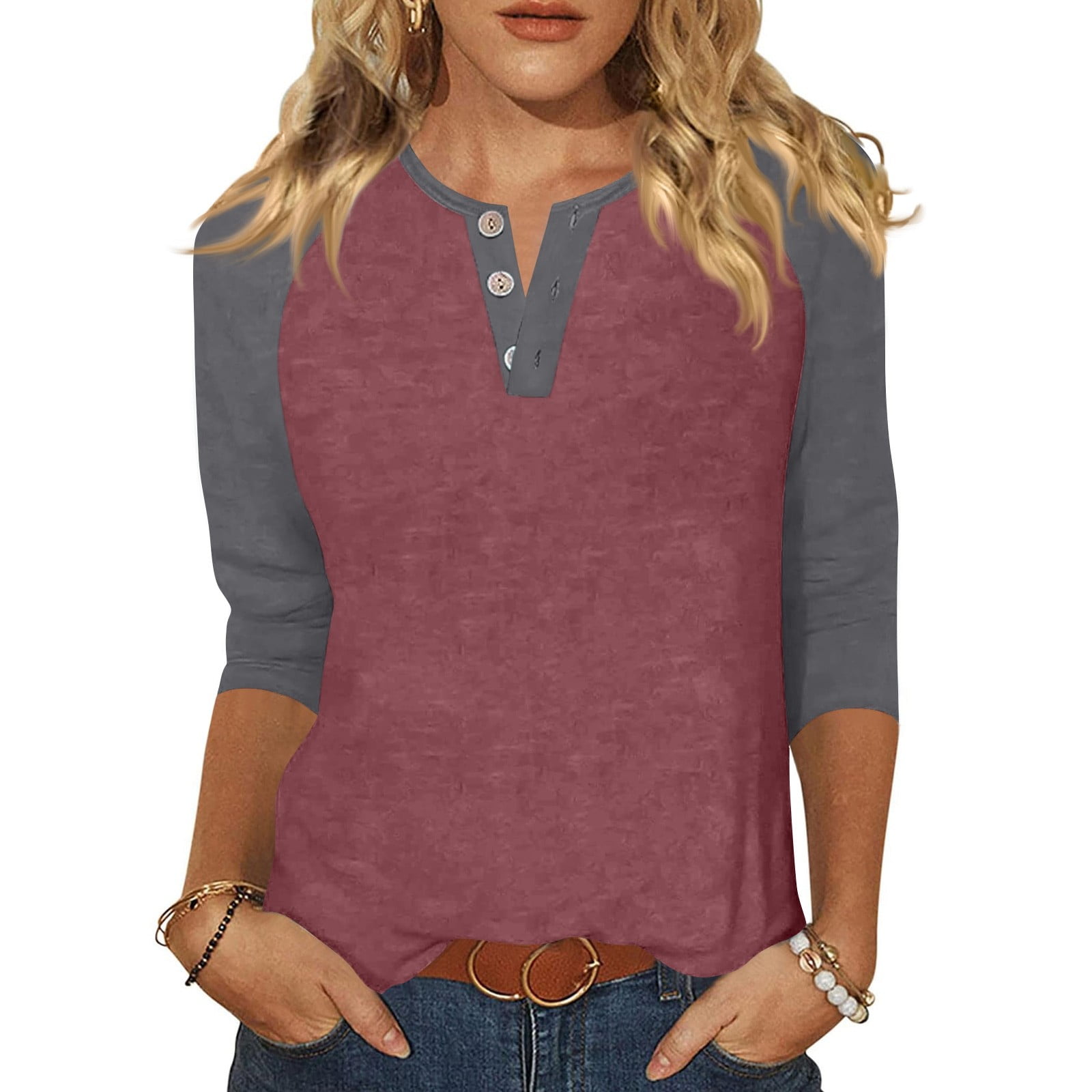 ADSSDQ Womens 3/4 Sleeve Tops and Blouses Color Block Button V Neck ...