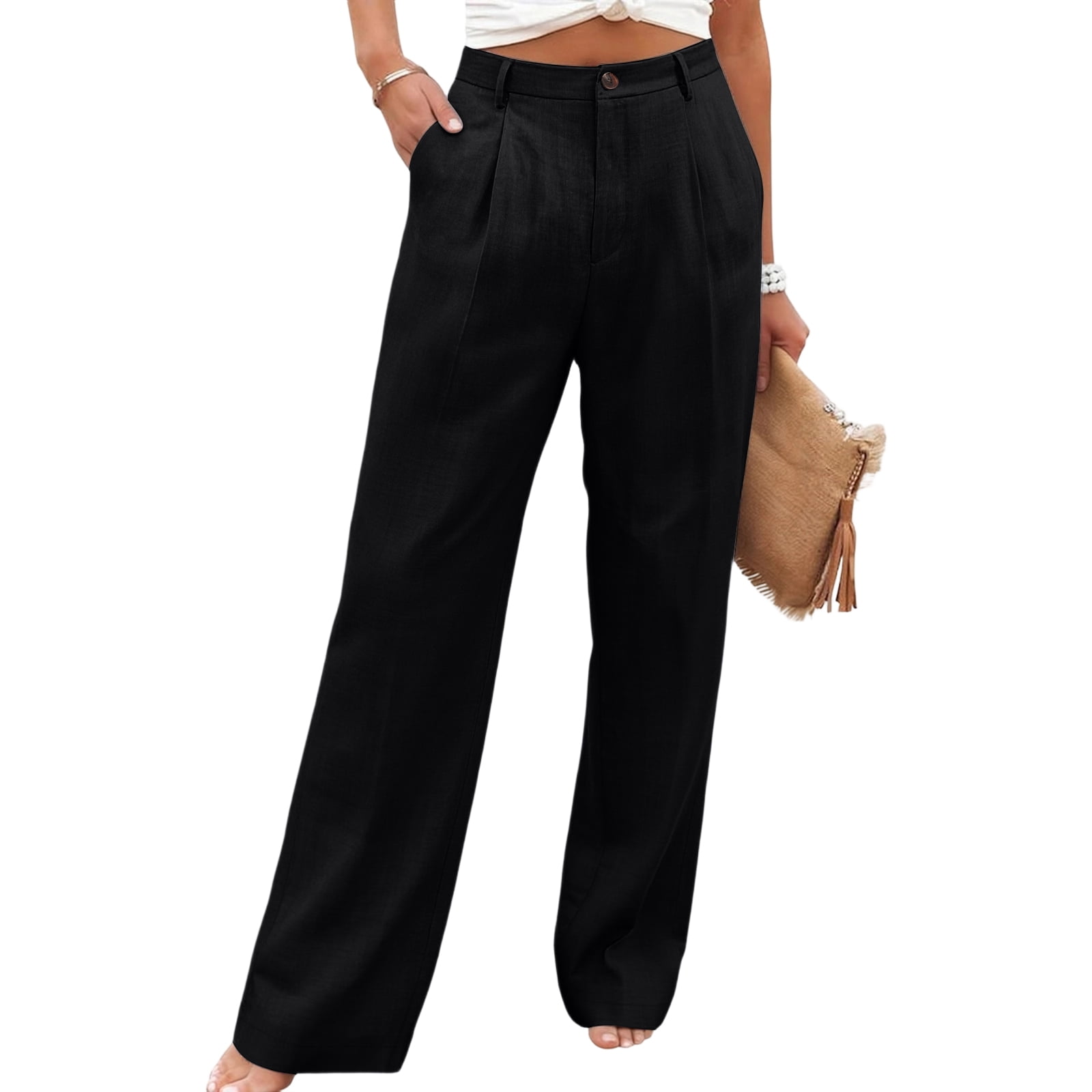 ADSSDQ Womens Cotton Linen Pants Casual Button Up High Waisted Wide Leg ...