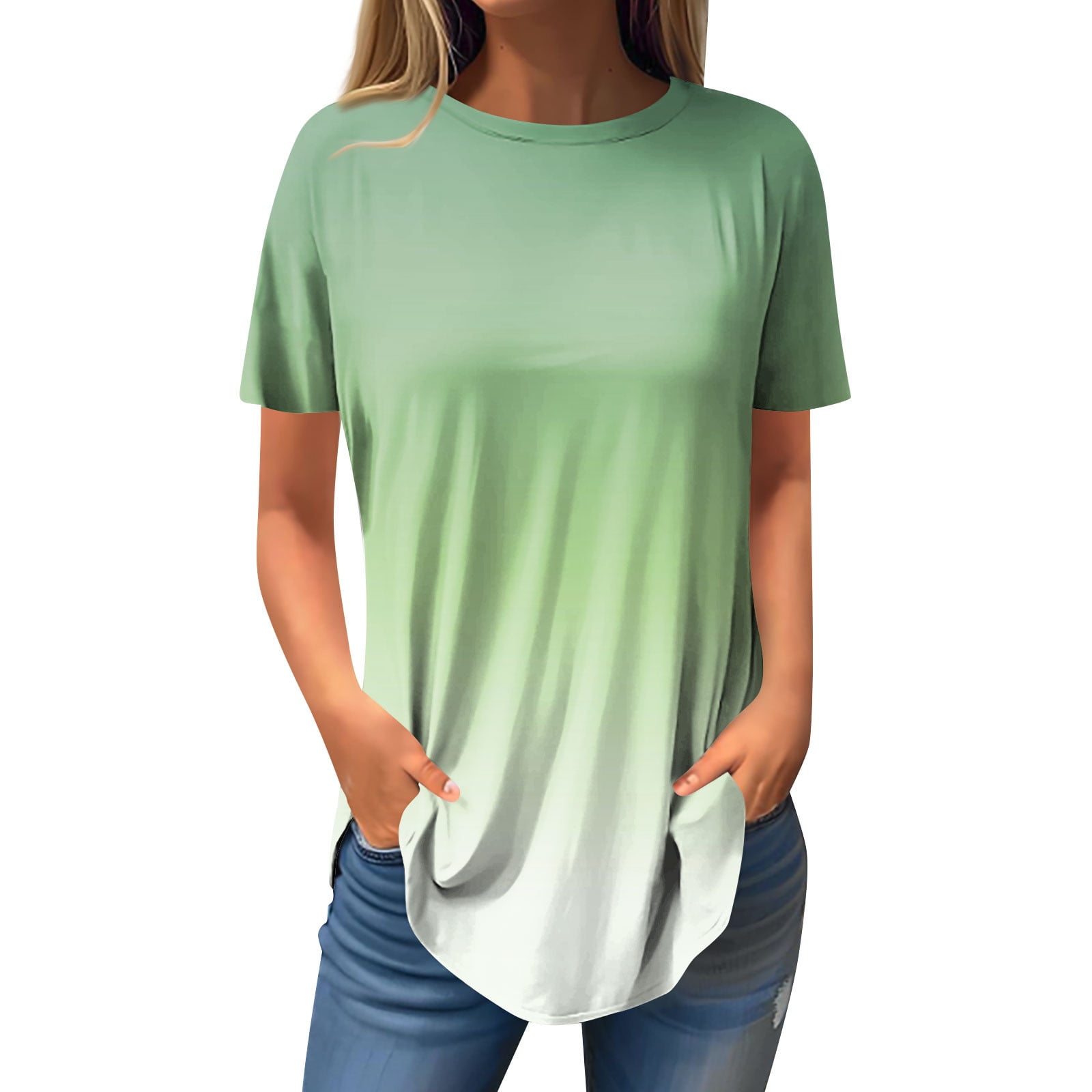 ADSSDQ Womens Dressy Summer Tops Short Sleeve 4Th of July Shirts Curved Hem O-Neck Tunic Tops ...