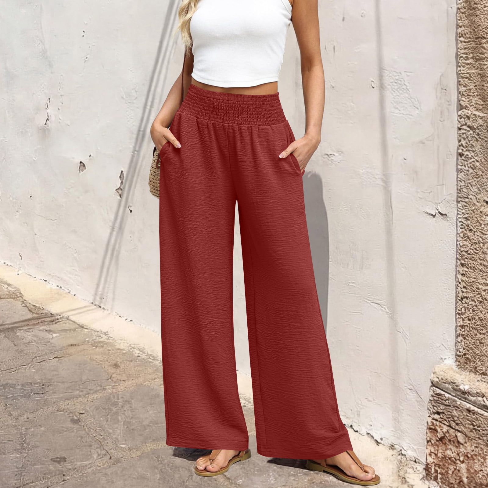 ADSSDQ Womens Elastic High Waisted Palazzo Pants Casual Wide Leg Long ...