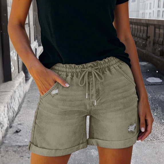 ADSSDQ Womens Jean Shorts Casual Denim Ripped Stretch Drawstring Cuffed ...