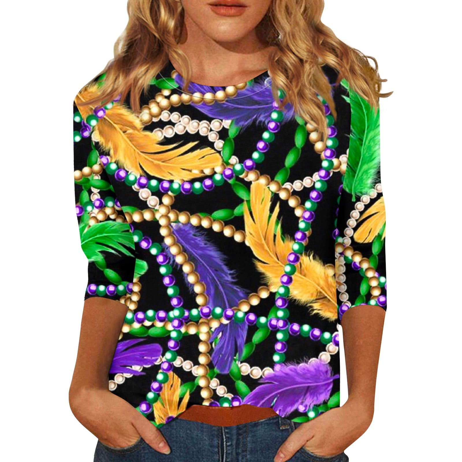 ADSSDQ Womens Mardi Gras Shirts Plus Size Loose Fit 3/4 Sleeve Tunic ...