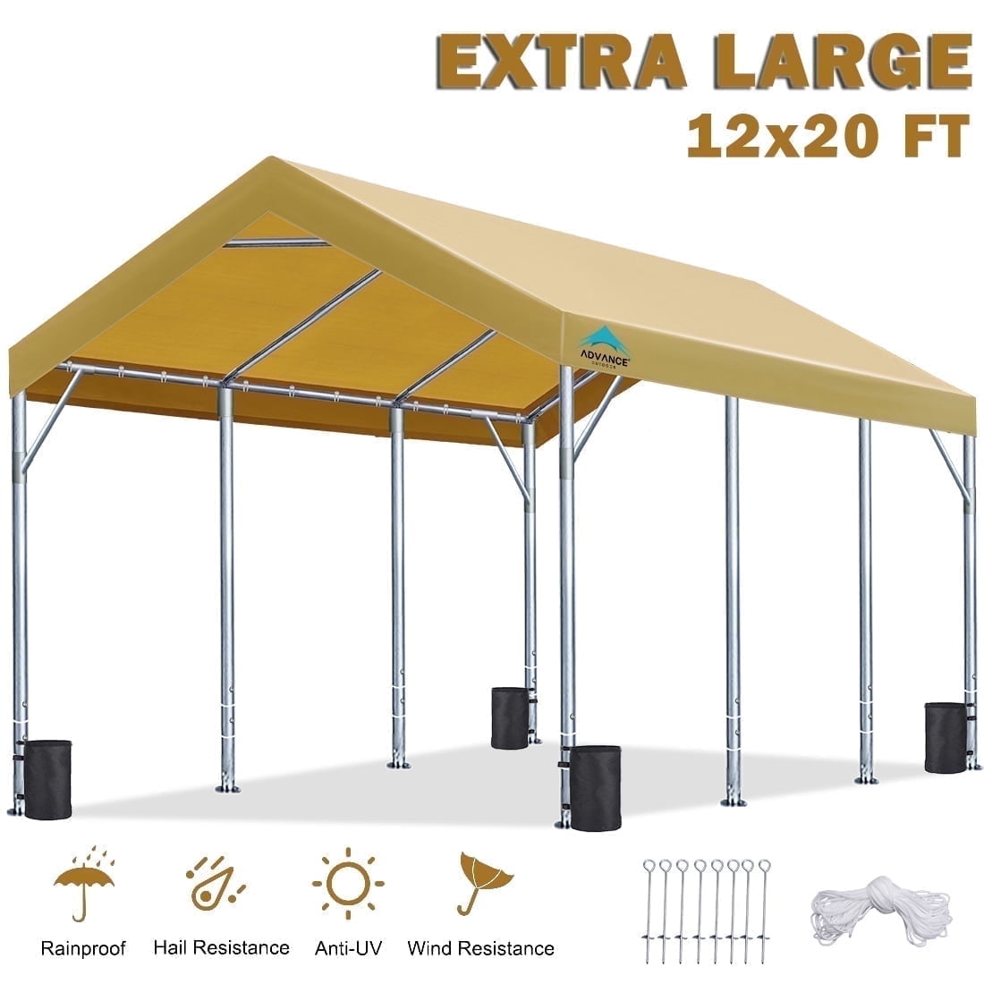 ADVANCE OUTDOOR 12x20 ft Heavy Duty Carport, Adjustable Height 9.5-11 ...