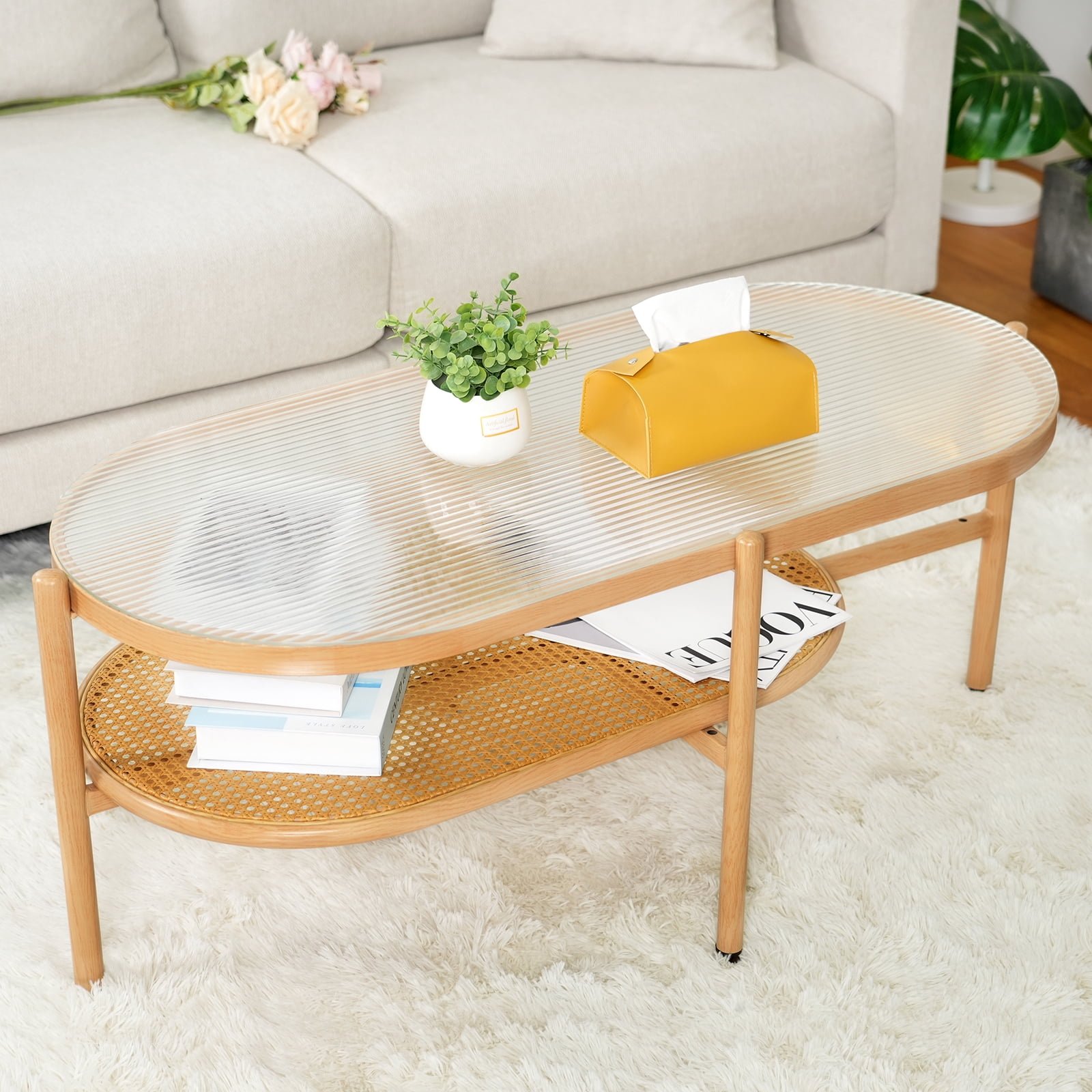 ADVWIN 43.3" Modern Ovel Coffee Table with Tempered Glass Top and ...