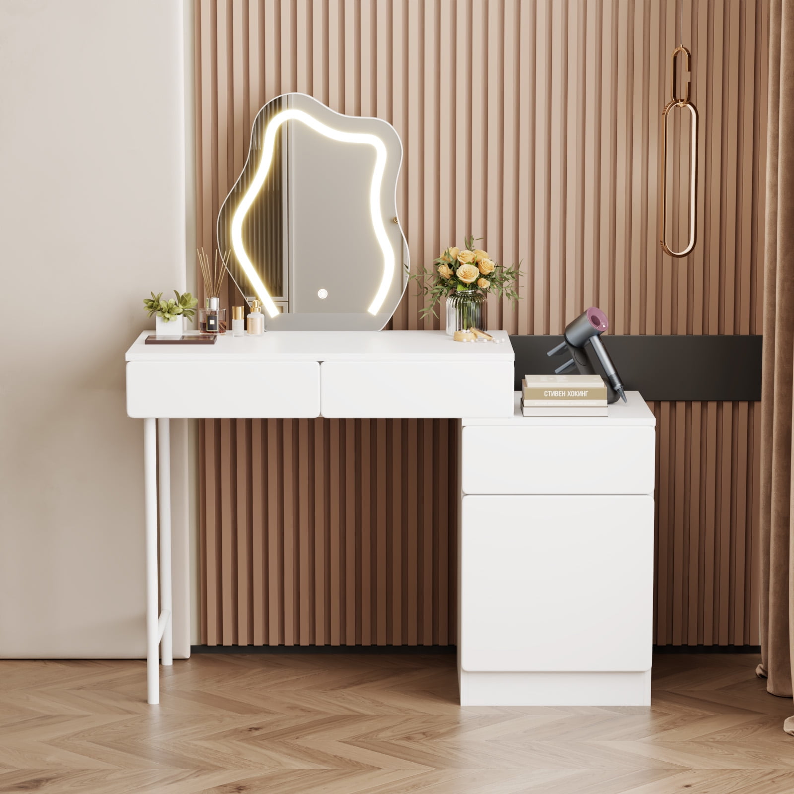 ADVWIN Makeup Vanity Desk with 3-Color Dimmable Lighted Mirror, Modern ...