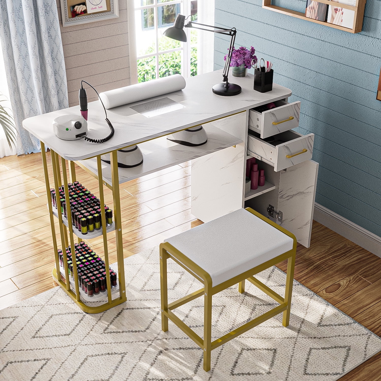 ADVWIN Manicure Table Set with Stool & Dust Collector, Nail Table ...