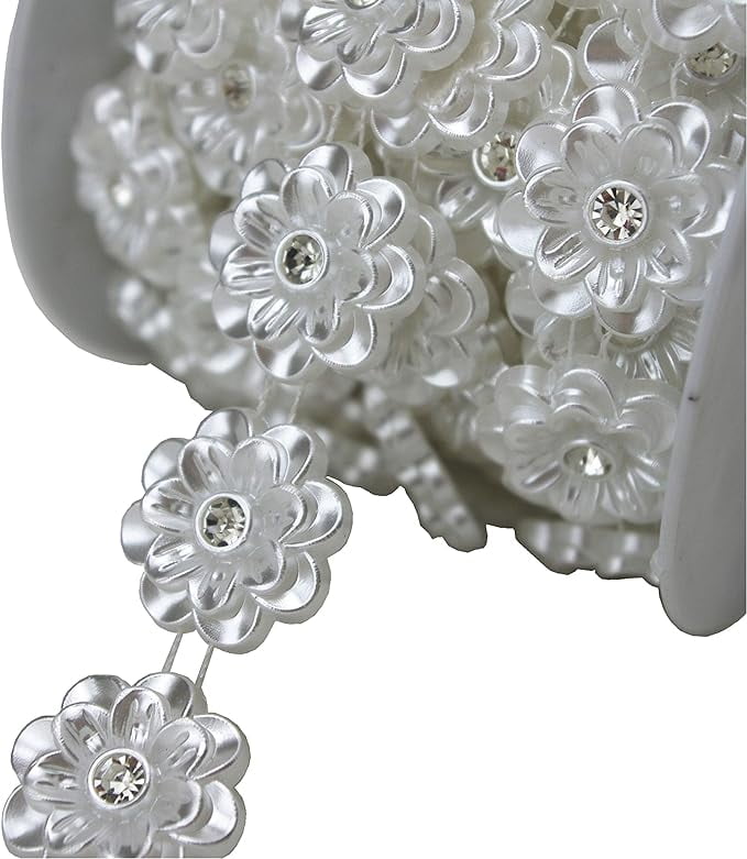 AEAOA 5 Yards 1" White Flower Pearl Rhinestone Chain Sew On Trims ...