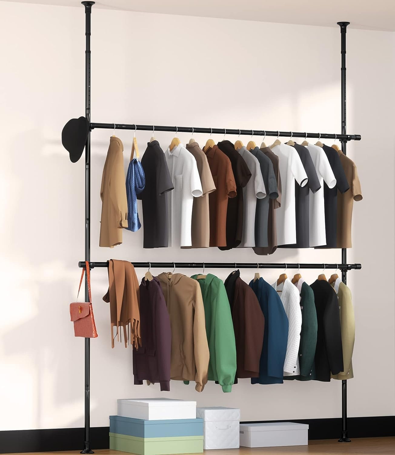 AEASKIEY Cloth Hanger Rack Stand Ceiling to Floor-2-Tier Standing ...