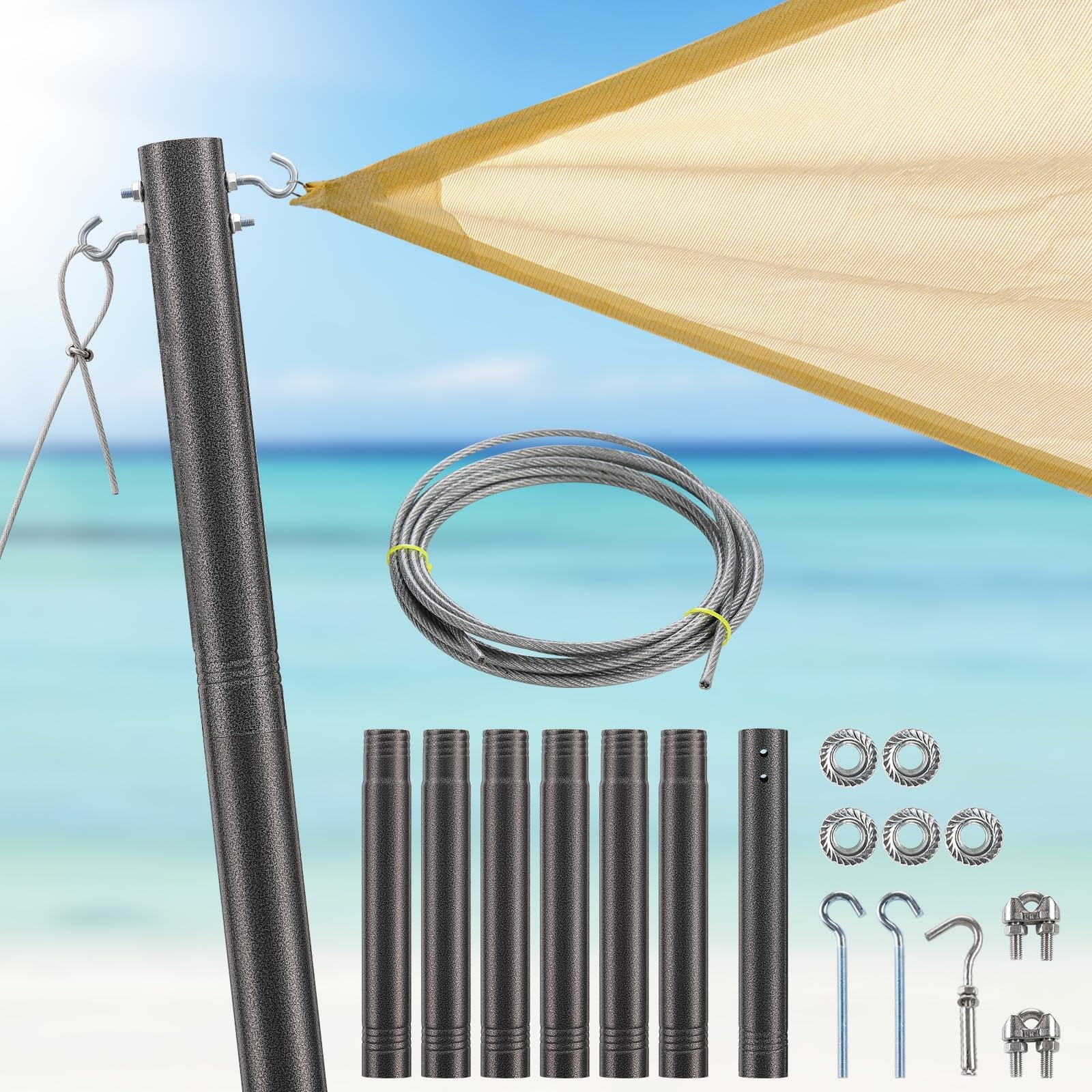 AEASKIEY Shade Sail Pole, Heavy Duty 9ft Adjustable Sun Shade Post ...