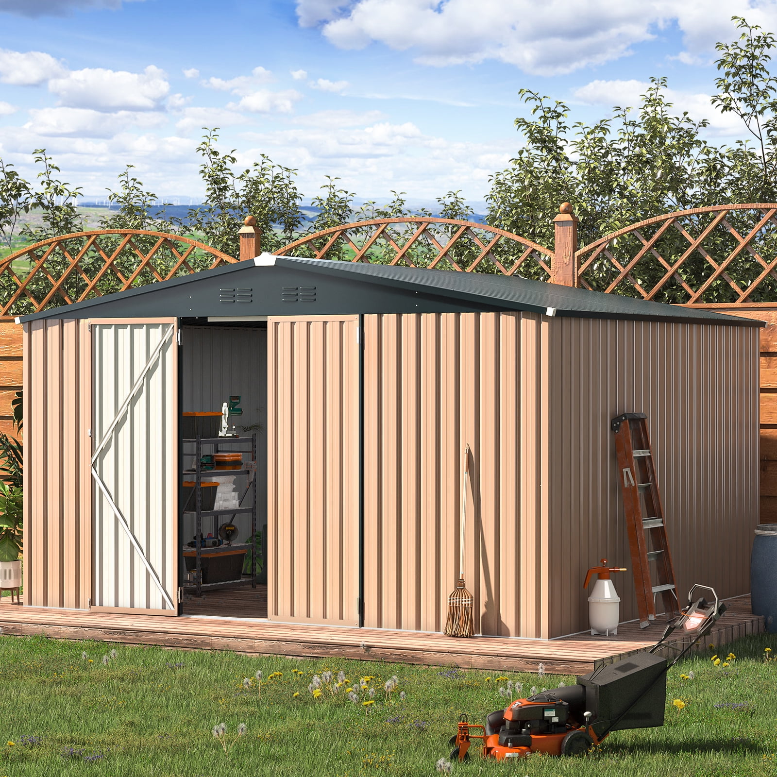 AECOJOY Large 10'x12' Outdoor Metal Shed, Enclosed Storage with ...