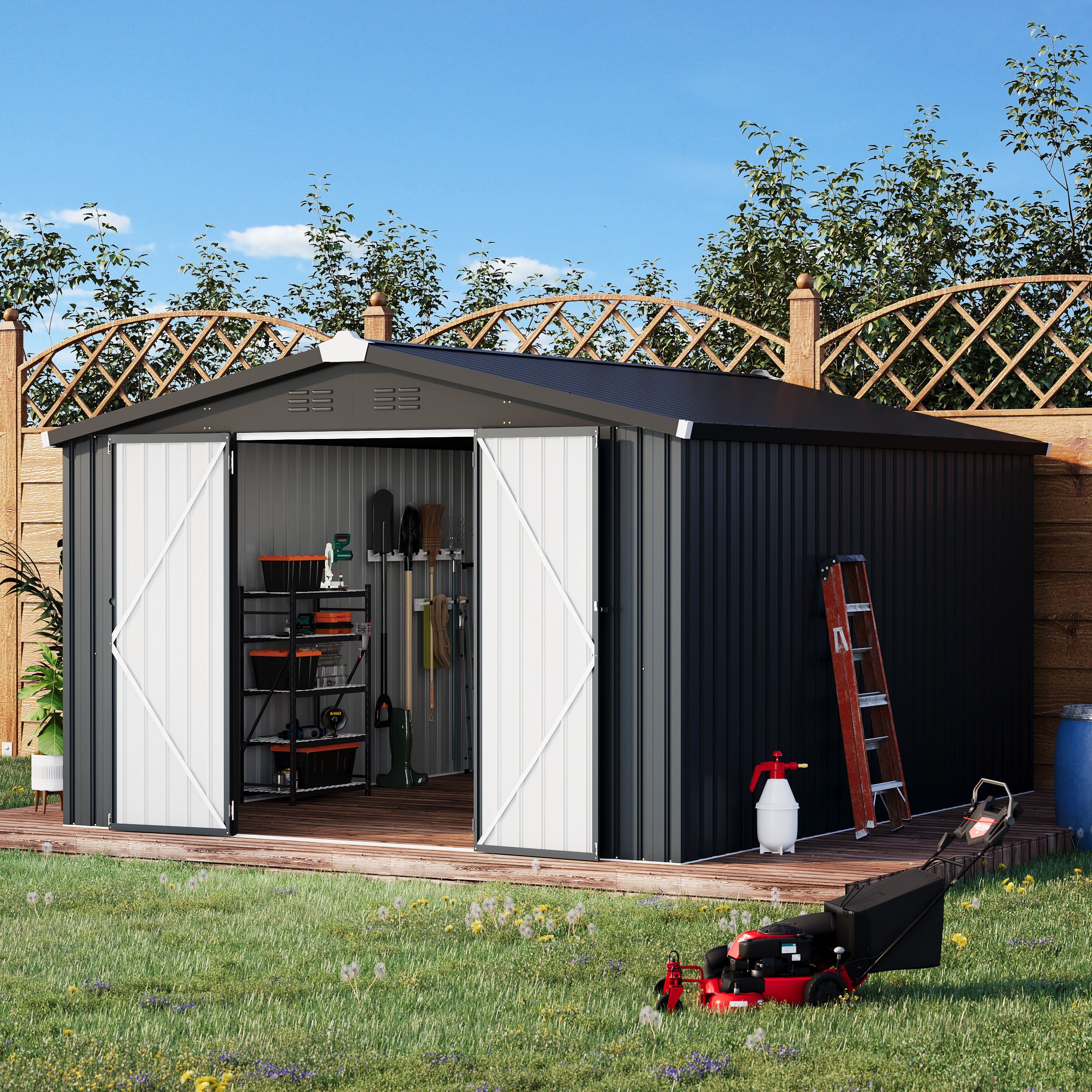 AECOJOY 10' x 14' Weather Resistant Yard Work Storage Shed with ...