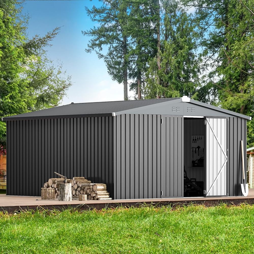 AECOJOY 12' x 12' Outdoor Storage Shed with Lockable Door Patio Metal ...