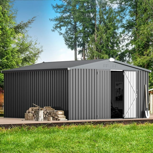 AECOJOY 12' x 12' Outdoor Storage Shed with Lockable Door Patio Metal ...