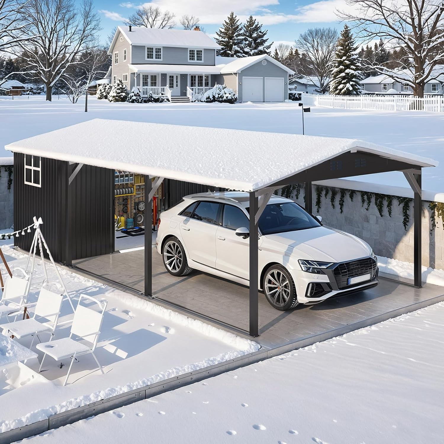 AECOJOY 12’x17‘ Portable Metal Carport with 12’x6‘ Storage Shed ...