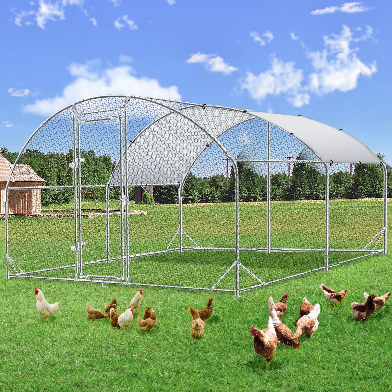 AECOJOY 130 Sq.Ft Large Walk-in Metal Chicken Cage Round-Top Chicken ...